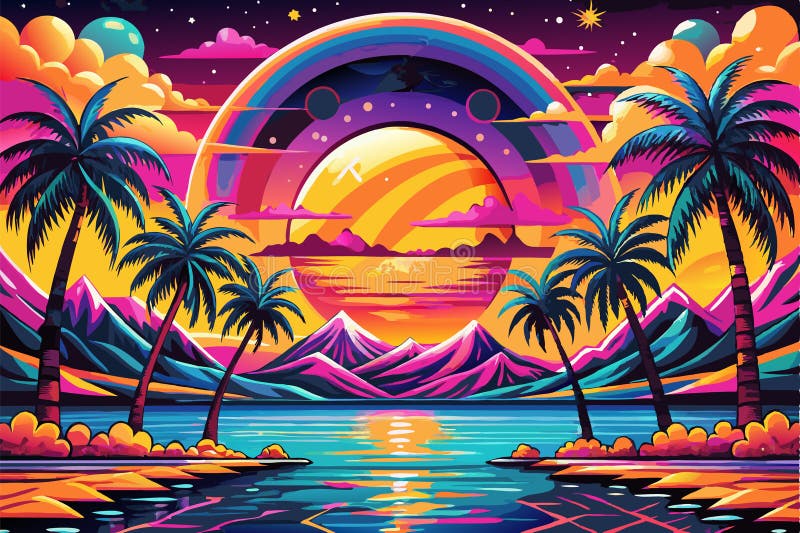 Tropical Retro Sunset Vivid Scene. Retro Synthwave Landscape with Palm ...