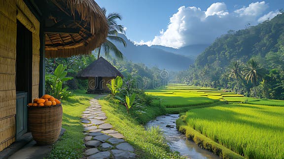 Tropical Rice Paddy Hut Path Sunrise Stock Illustration - Illustration of valley, path: 378419426