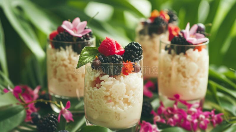 Tropical Rice Pudding Cups with Fresh Berries and Flowers Stock Image ...