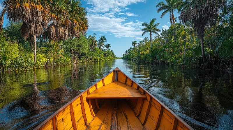 Tropical River Canoe Journey, Lush Palms, Sunny Day Stock Illustration ...