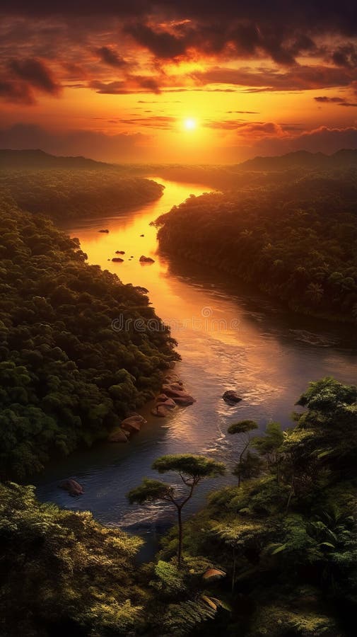 Tropical River Flow through the Jungle Forest at Sunset or Sunrise ...