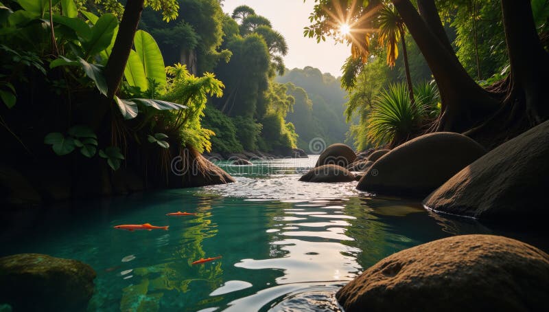 Tropical River Sunset Illustration Amazon Rainforest Jungle Scene with ...