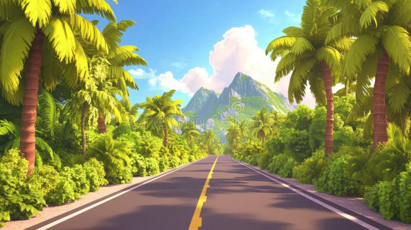 Tropical Road through Lush Palm Trees with Mountain Views Stock Image ...
