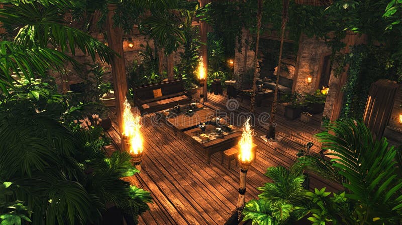 Tropical Rooftop Caf with Tiki Torches and Lush Greenery.. Stock Image - Image of beautiful ...