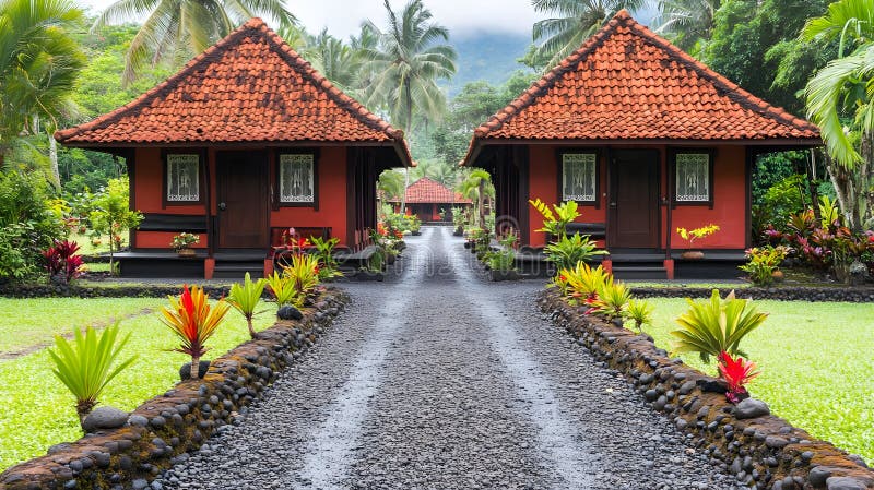 Tropical Rustic Cabins with Stone Path in Garden Stock Illustration ...