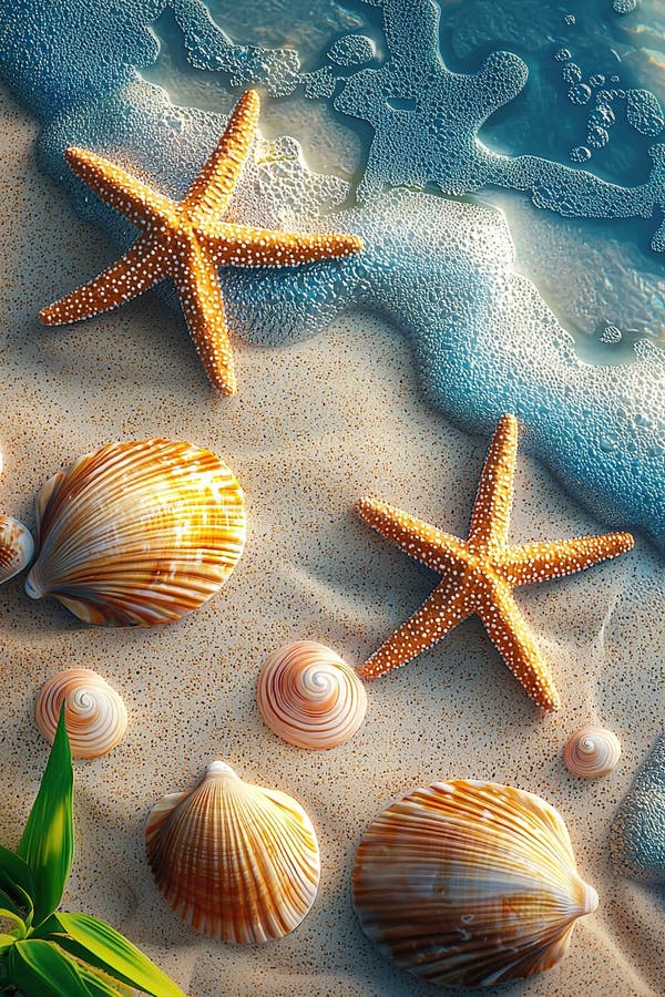 Tropical Sand Beach with Sea Shells and Starfish. Top View Composition ...