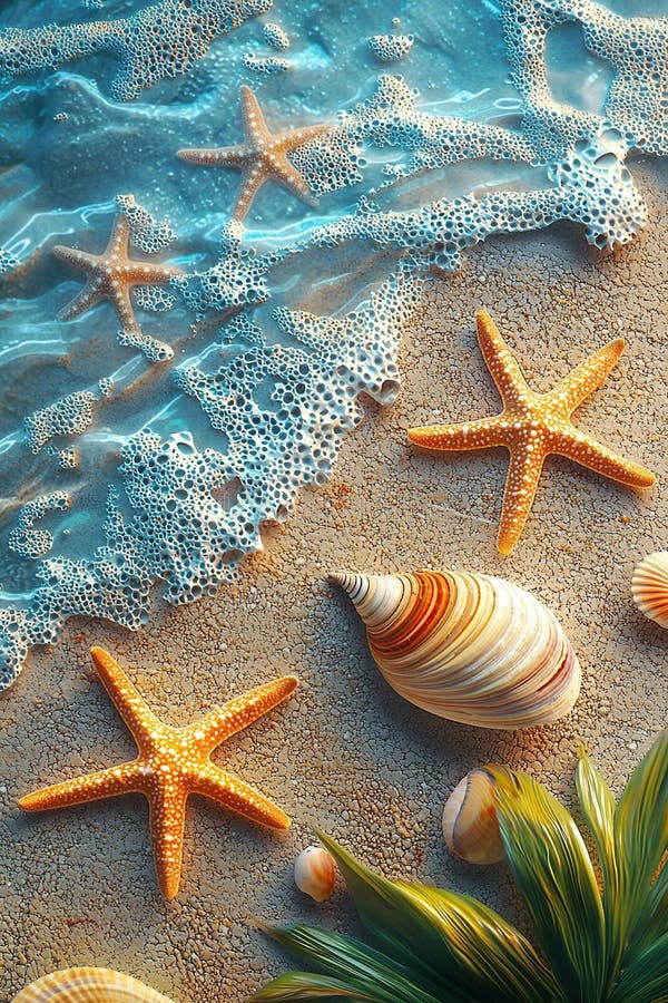Tropical Sand Beach with Sea Shells and Starfish. Top View Composition ...