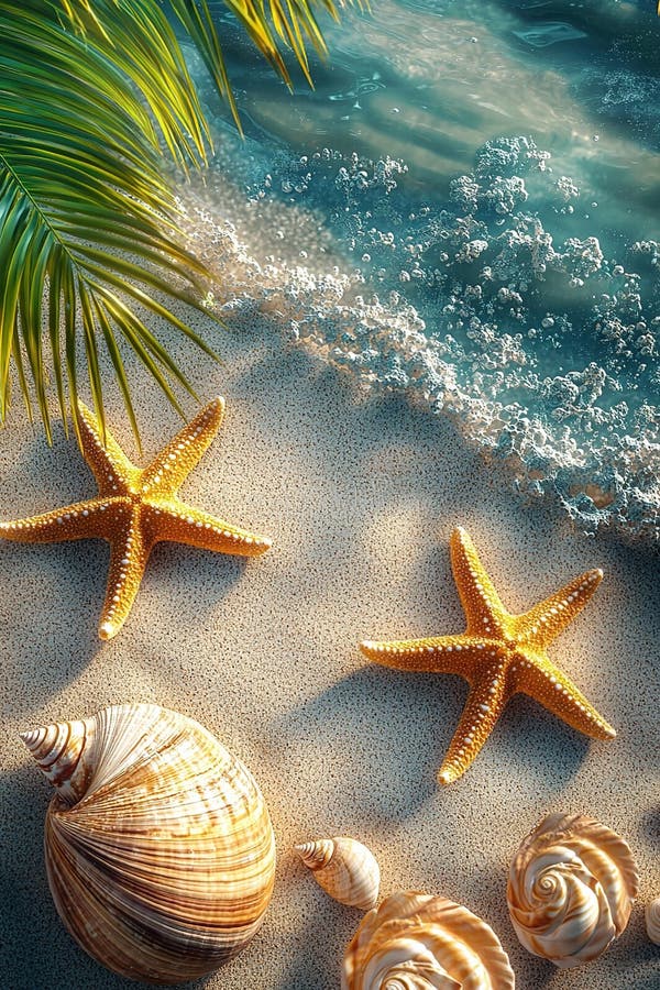 Tropical Sand Beach with Sea Shells and Starfish. Top View Composition ...