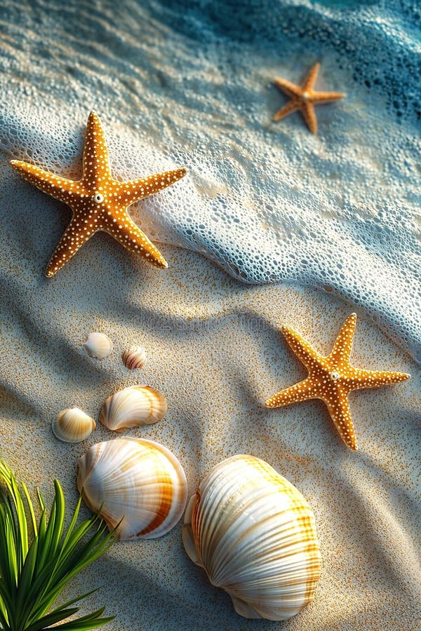 Tropical Sand Beach with Sea Shells and Starfish. Top View Composition ...