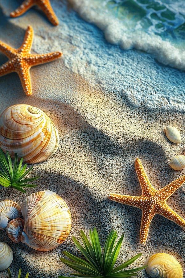 Tropical Sand Beach with Sea Shells and Starfish. Top View Composition ...