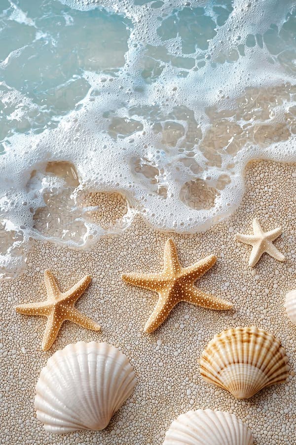 Tropical Sand Beach with Sea Shells and Starfish. Top View Composition ...