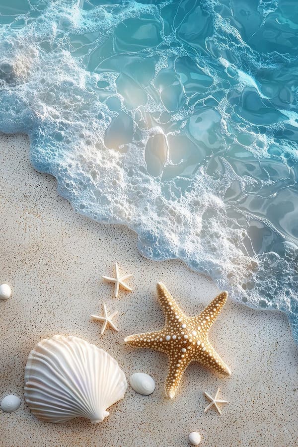 Tropical Sand Beach with Sea Shells and Starfish. Top View Composition ...