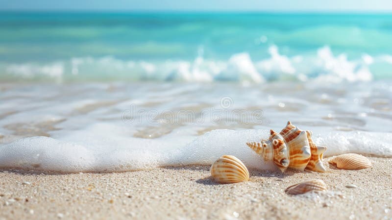 Tropical Sandy Beach Kissed by Ocean Waves and Scattered Shells. Ai ...