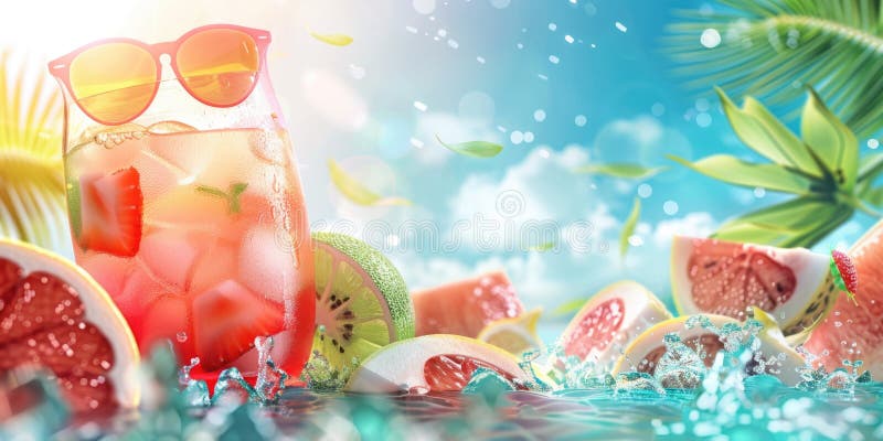 A Tropical Scene with a Drink and Fruit on a Table Stock Image - Image ...