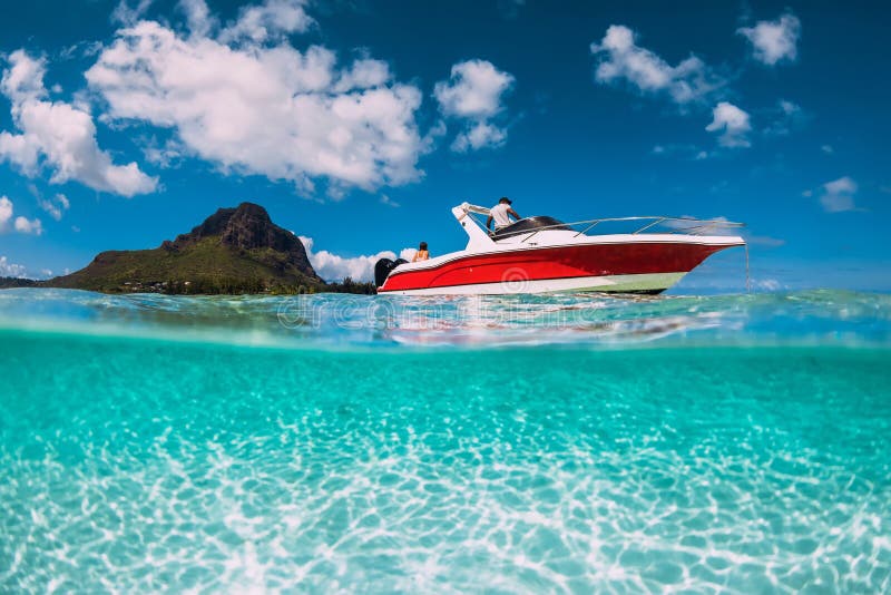 Tropical Sea with Sandy Bottom and Speed Boat Stock Image - Image of ...