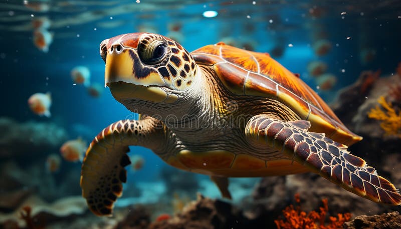 Tropical Sea Turtle Swimming in Blue Water, Surrounded by Coral ...