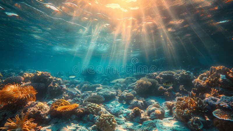 Tropical Seabed with Reef and Sunshine - Underwater Scene Stock Photo ...