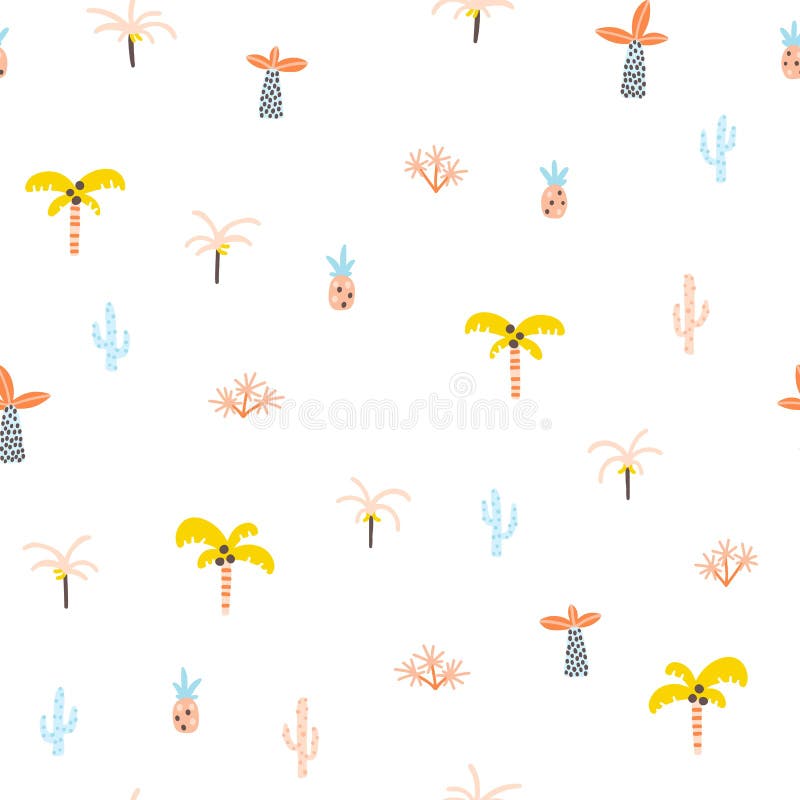 Tropical Seamless Minimalistic Pattern with Different Plants. Cute ...