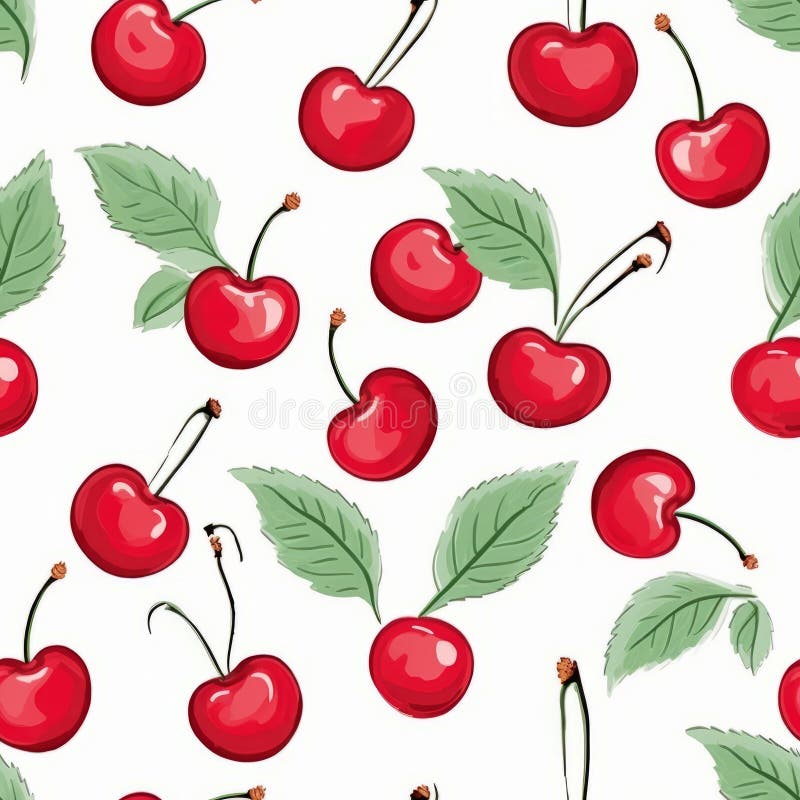 Tropical Seamless Pattern with Doodle Red Cherry. Hand Drawn Berries ...