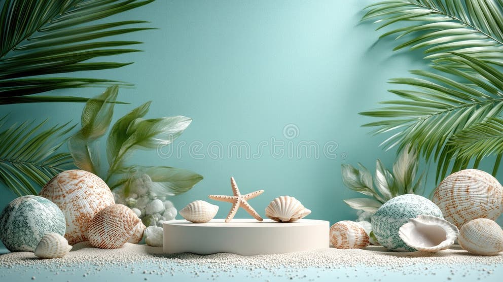 Tropical Seashell Display with Starfish and Greenery on Sand Stock ...