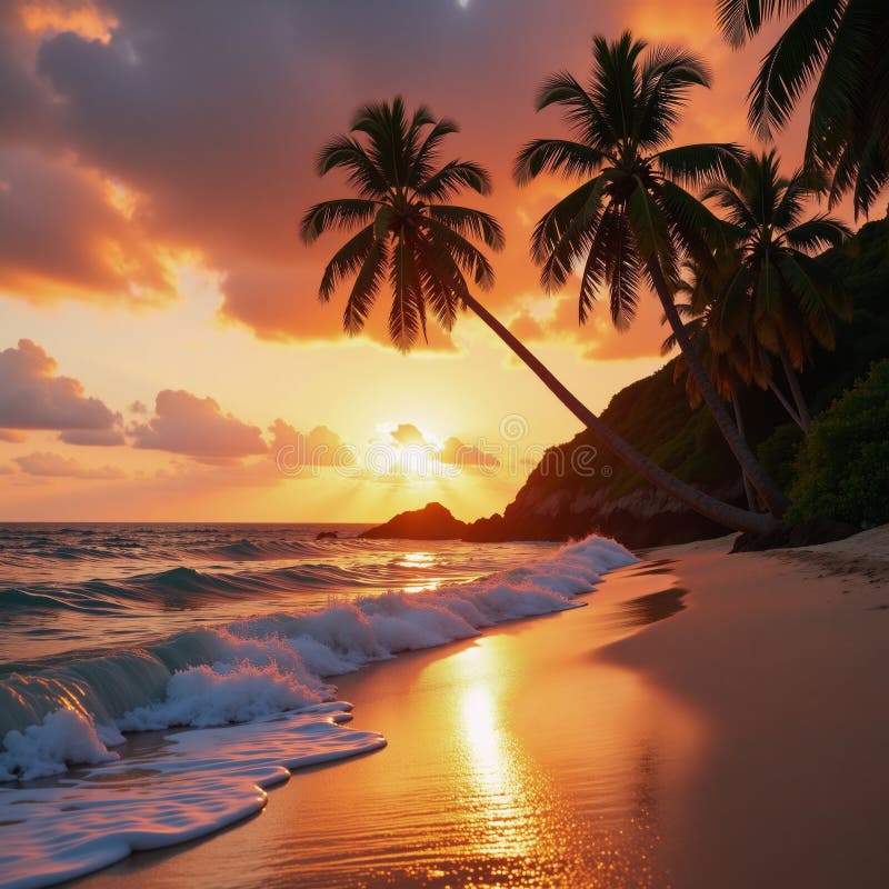 Tropical Setting Featuring Sunset and Palm Trees Stock Illustration ...