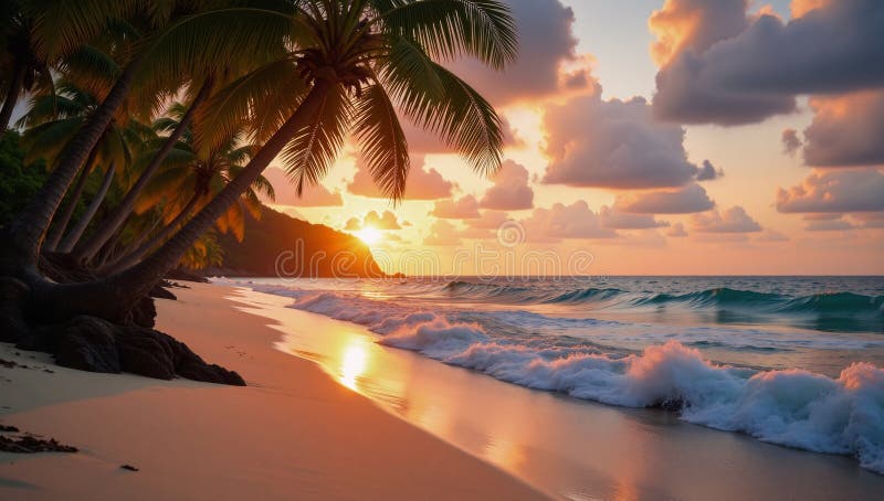 Tropical Setting Featuring Sunset and Palm Trees Stock Illustration ...