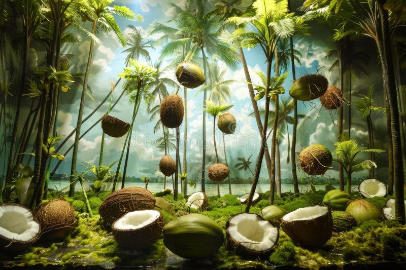 A Tropical Setting with Palm Trees Towering Over a Cluster of Coconuts ...