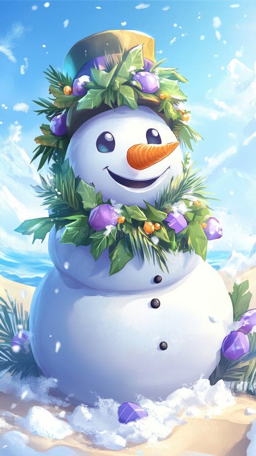Tropical Snowman on Beach with Festive Wreath and Decorations Stock ...
