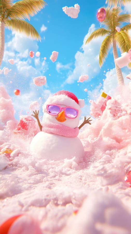 Tropical Snowman Relaxing on a Beach with Pink Clouds and Palm Trees ...