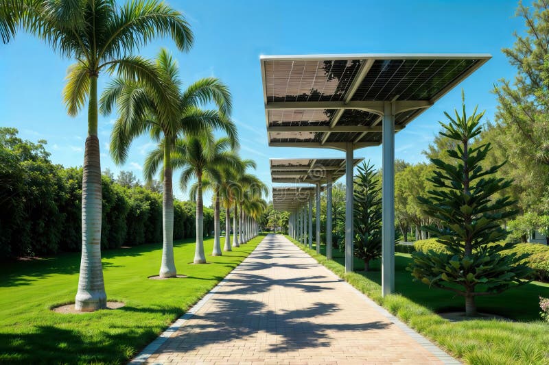 Tropical Walkway with Solar Panels and Palms, Generative Ai Stock ...