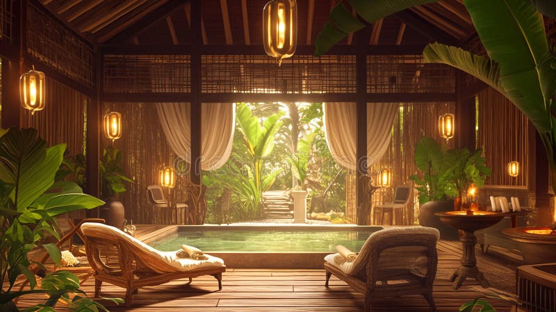 Tropical Spa Interior with Plunge Pool Stock Illustration ...
