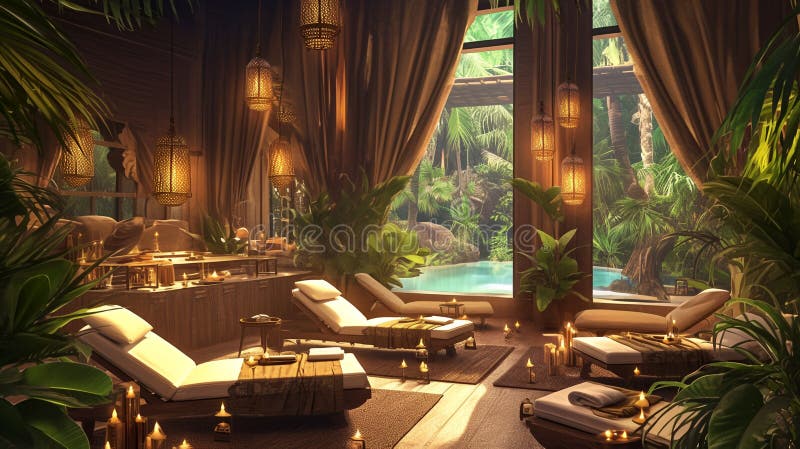 Tropical Spa Relaxation Room with Pool View Stock Illustration ...