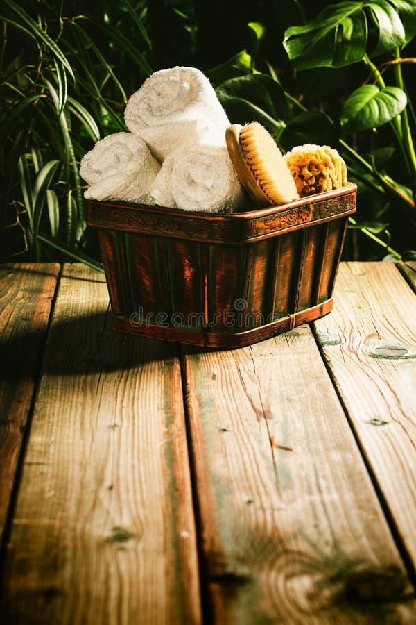 Tropical Spa Setting - Against Rustic Tropical Background Stock Image ...
