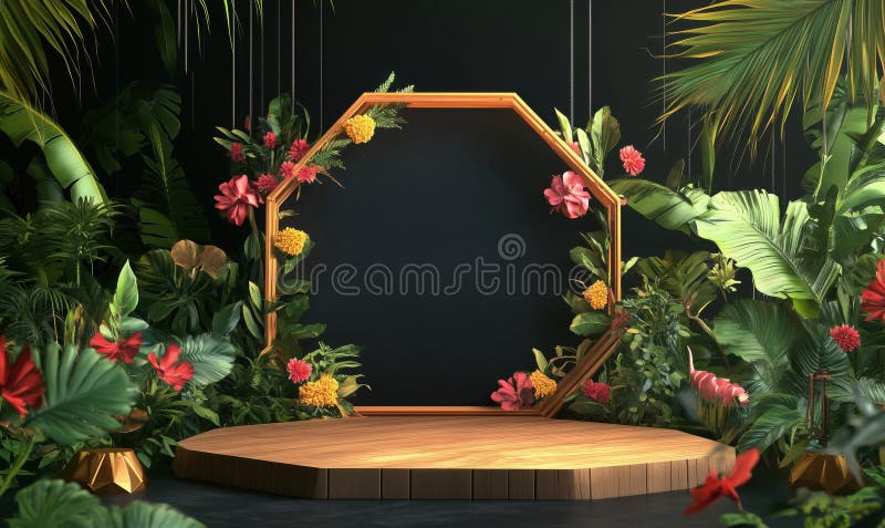 Tropical Stage Backdrop Vibrant Flowers Lush Greenery Events Stock ...