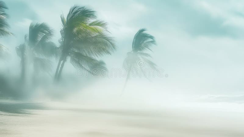 Tropical Storm on Beach with Blurred Palms and Wind-swept Sand, Dynamic ...
