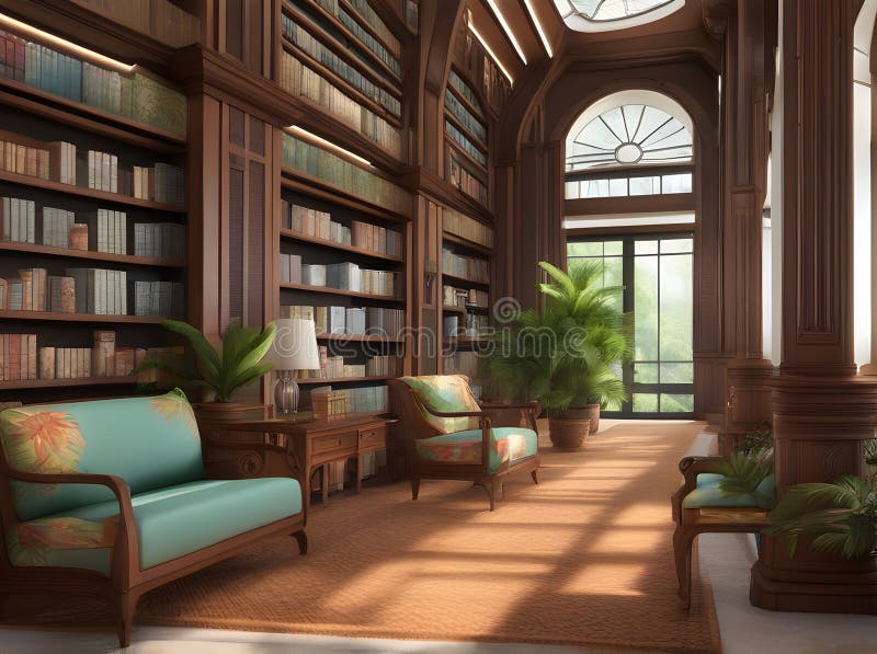 Tropical Style Library with Realistic Interior Design. Stock ...