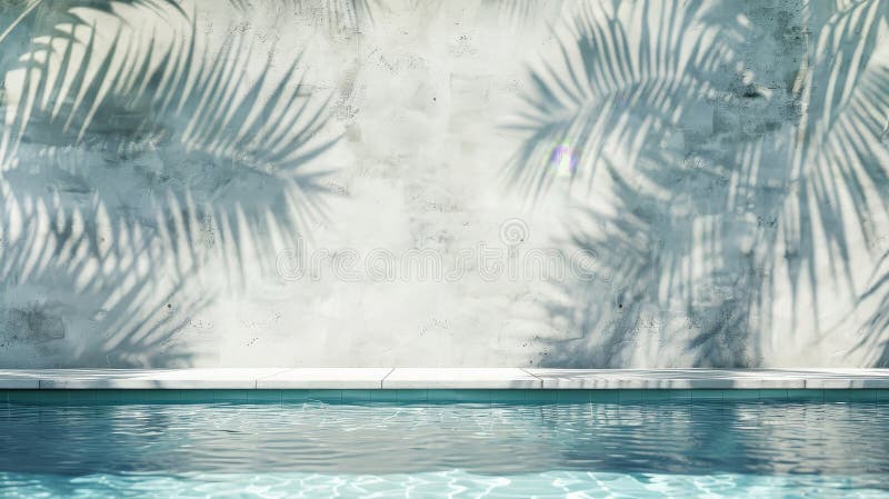 Tropical Summer Background with Concrete Wall, Pool Water and Palm Leaf ...