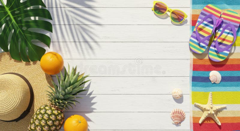 Tropical Summer Flat Lay on White Wood with Palm Shadows Stock ...
