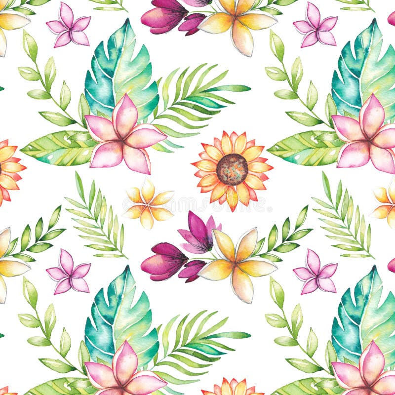 Tropical Summer Pattern with Watercolor Flowers Stock Illustration ...