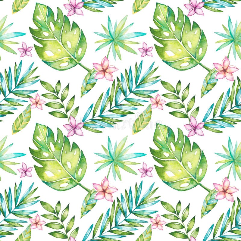 Tropical Summer Pattern with Watercolor Flowers Stock Illustration ...