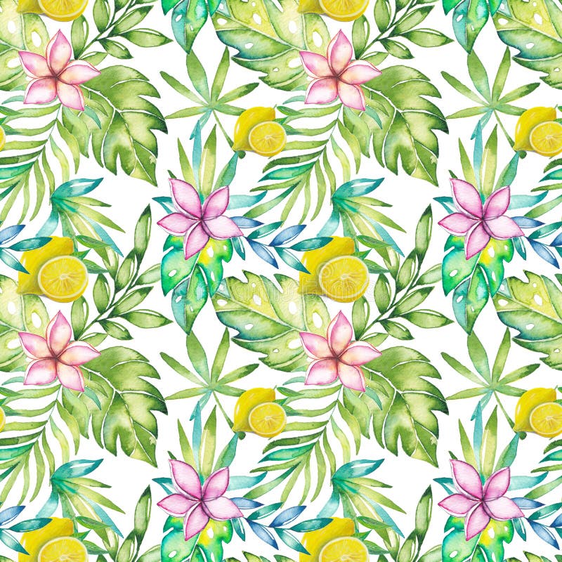 Tropical Summer Pattern with Watercolor Flowers. Tropical Flowers, Palm ...