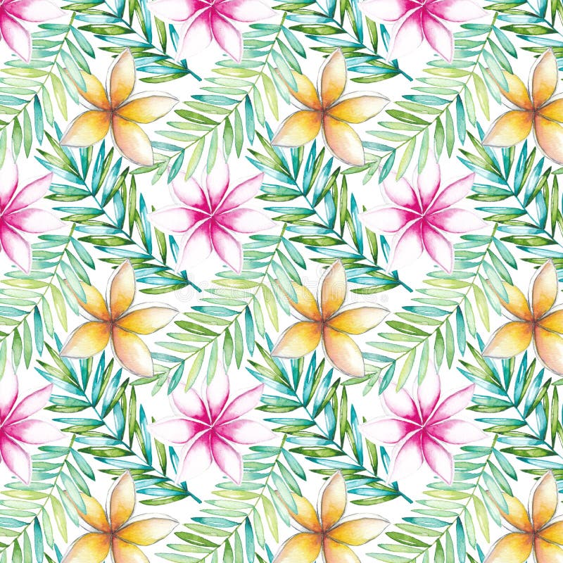 Tropical Summer Pattern with Watercolor Flowers and Leaves Stock ...