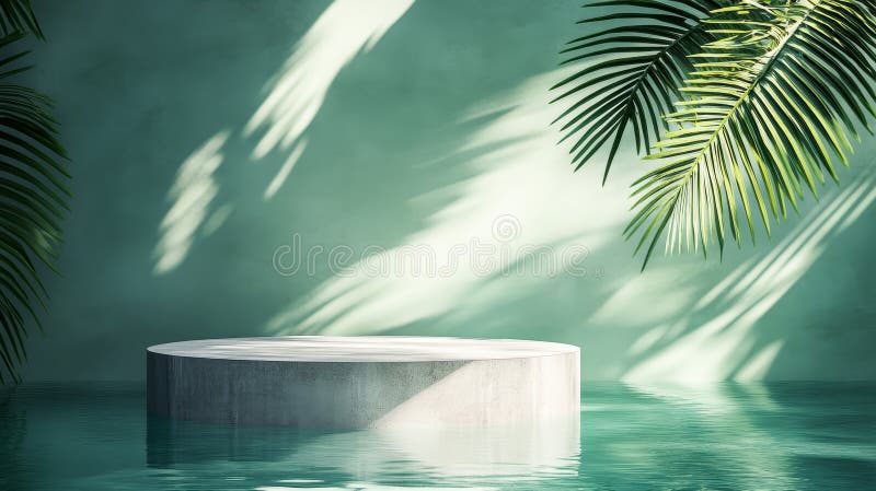 Tropical Summer Scene Featuring Concrete Podium in Pool with Palm Leaf ...