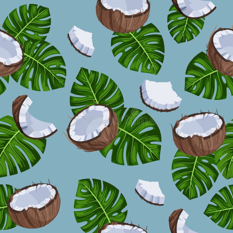 Tropical Summer Seamless Pattern with Coconuts and Exotic Leaves ...