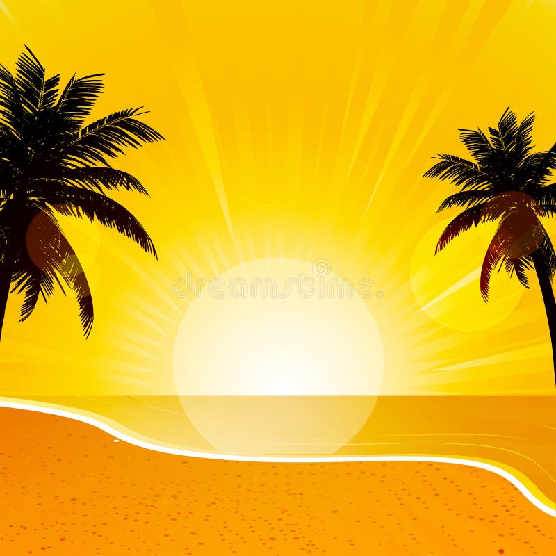 Summer Sunset Border With Palm Tree And Surfboard Stock Illustration ...