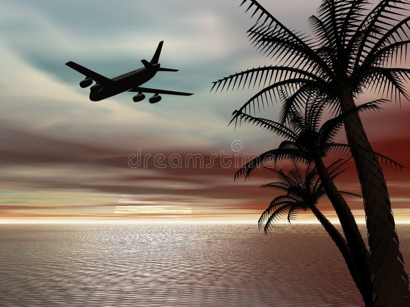 Tropical Sunset with Airplane. Stock Illustration - Illustration of ...