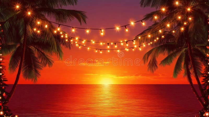 Tropical Sunset Backdrop with Palm Trees and String Lights Stock Image ...