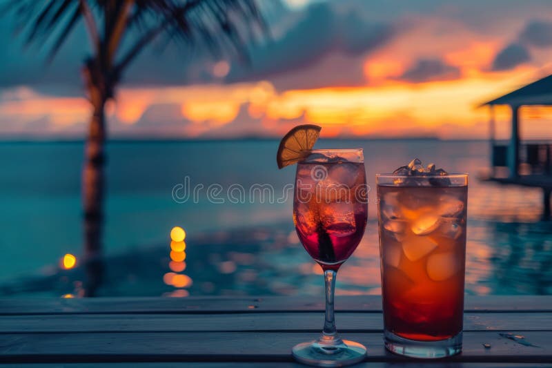 Tropical Sunset Backdrop with Refreshing Cocktails on the Edge of a ...