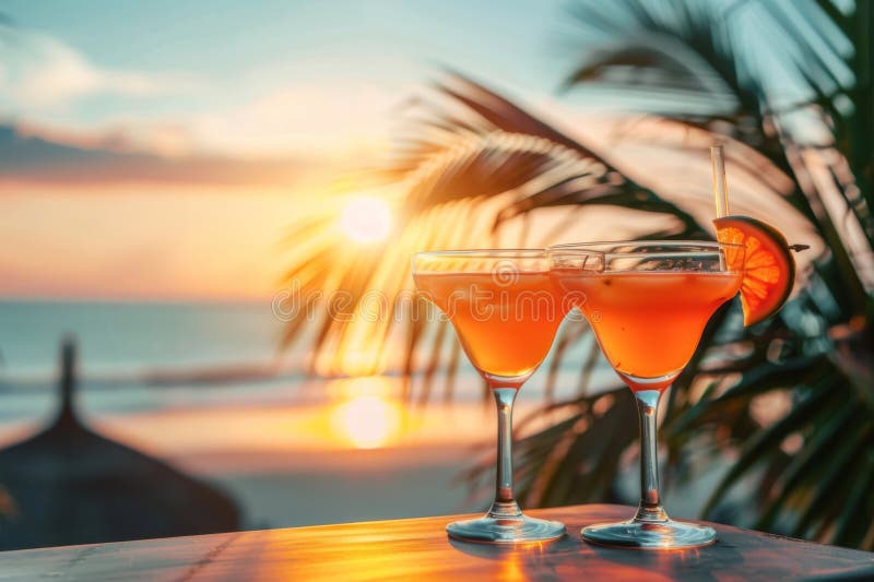 Tropical Sunset Backdrop with Refreshing Cocktails on the Edge of a ...