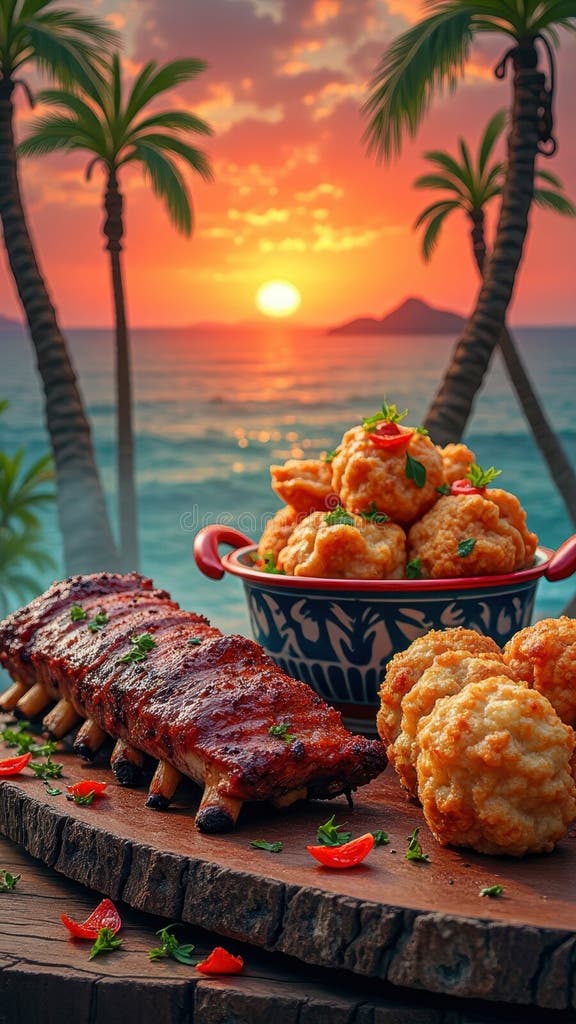 Tropical Sunset with Bbq Ribs and Fried Chicken on Beach Stock Photo ...